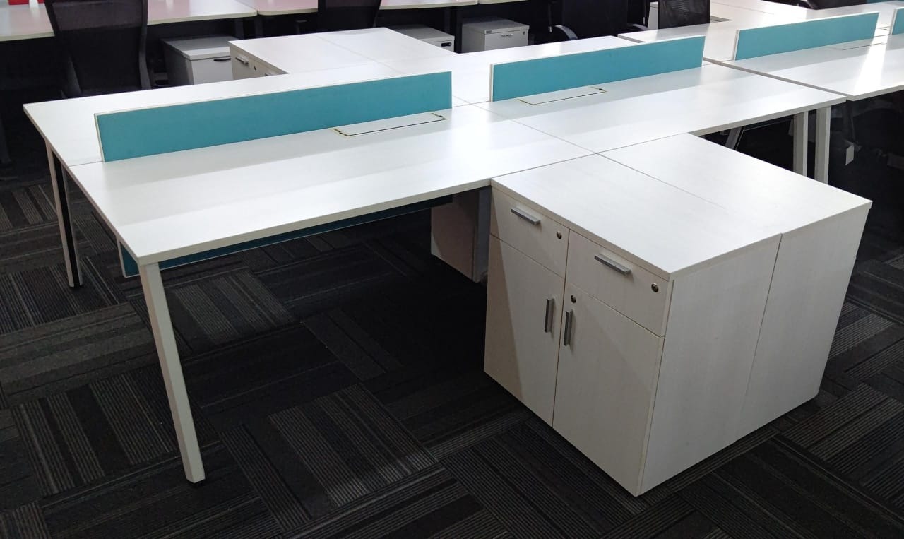 4 Seater Workstation , White Oak Table , Turquoise Divider , Metal Leg ...